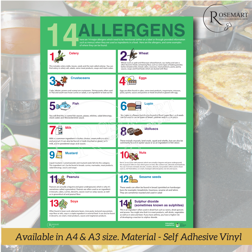 14 allergens catering safety vinyl sticker poster – Rosemart signs Limited