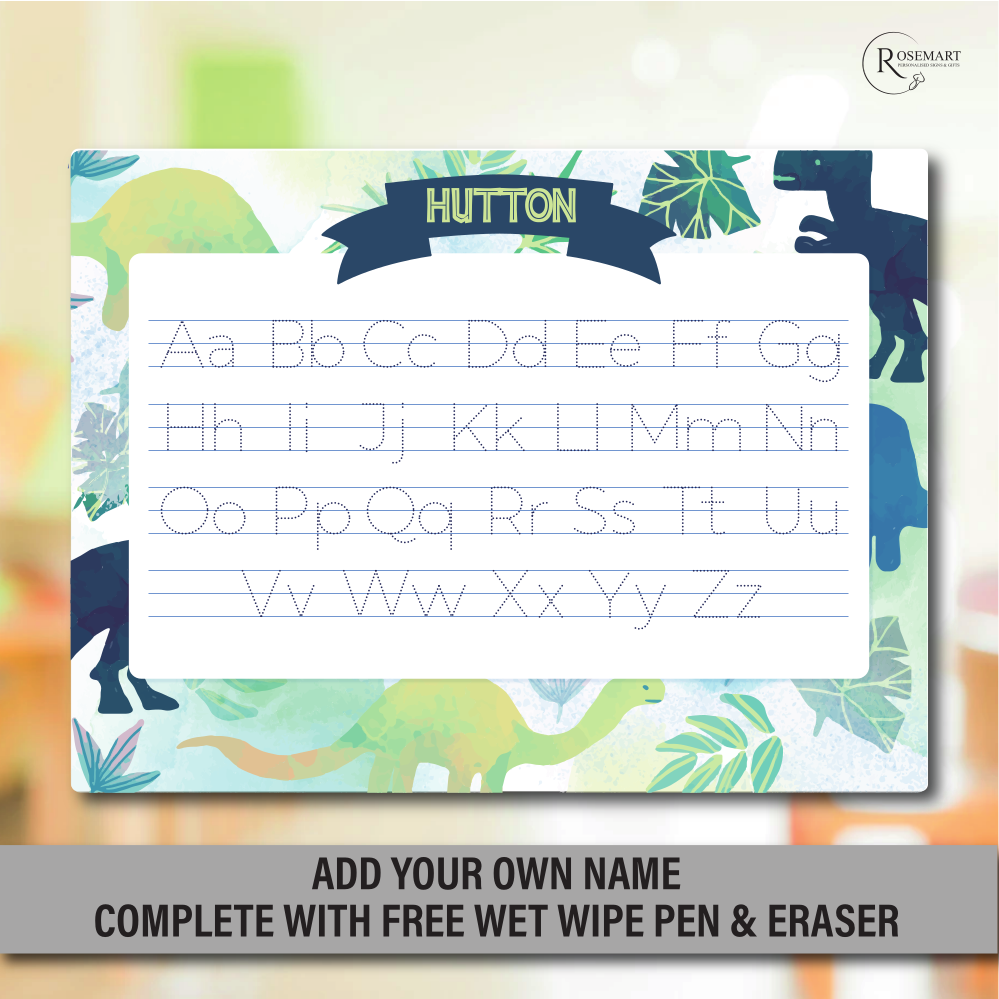 Personalised Children’s alphabet writing practice Board with pen. Dino ...