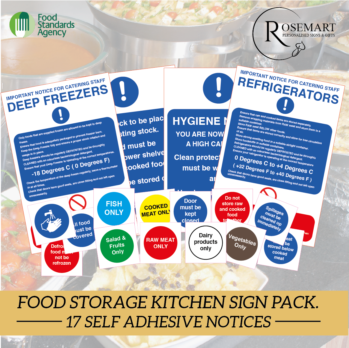 Food Storage kitchen & catering safety sticker sign pack. 17 notices ...