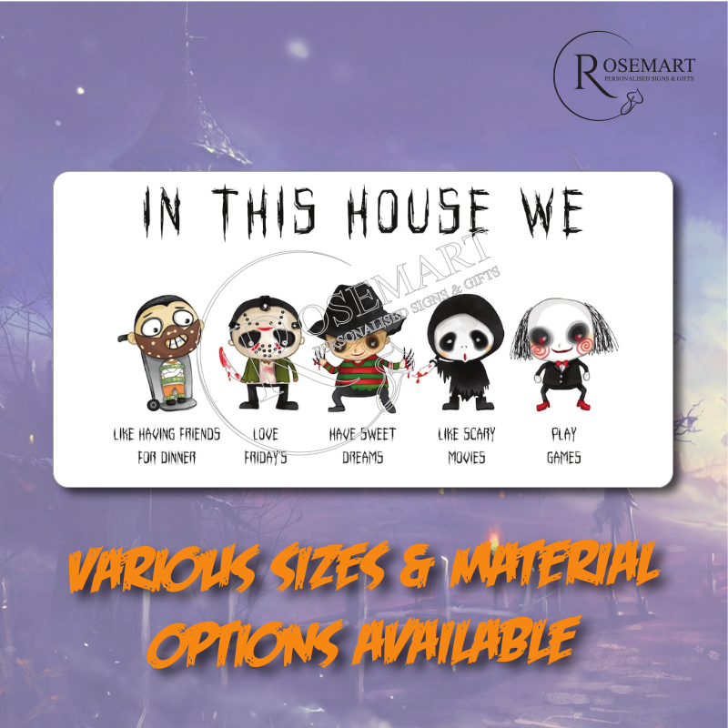 Halloween horror family plaque In this house fun metal sign plaque. DE ...