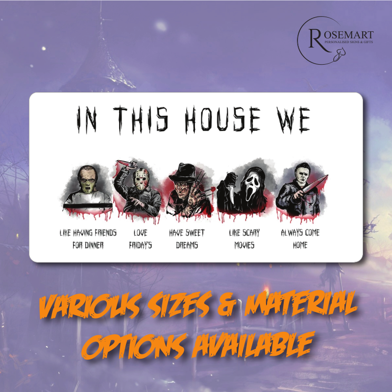 Halloween horror family plaque In this house fun metal sign plaque. DE ...