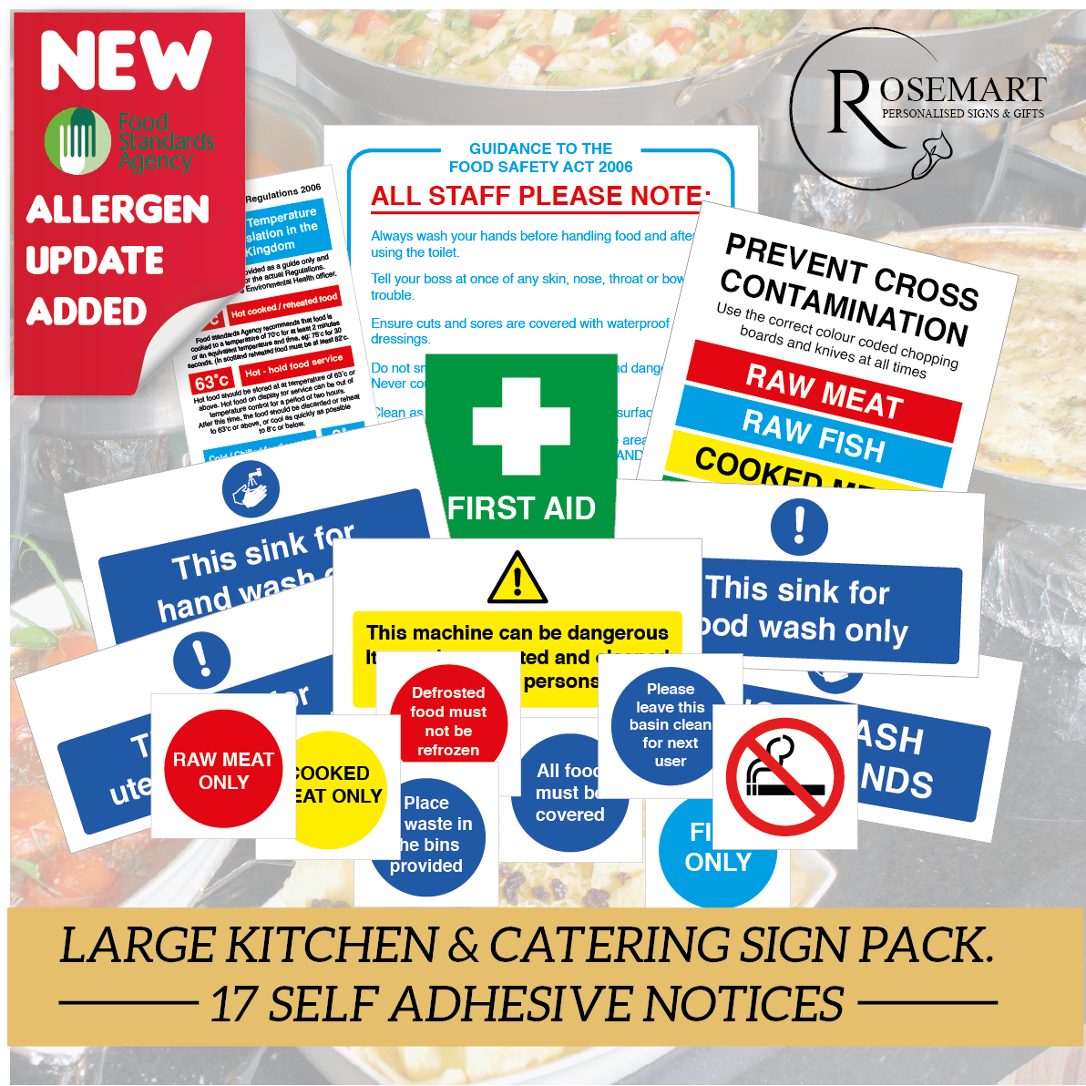 Large Kitchen and catering safety vinyl sticker sign pack, 17 notices ...