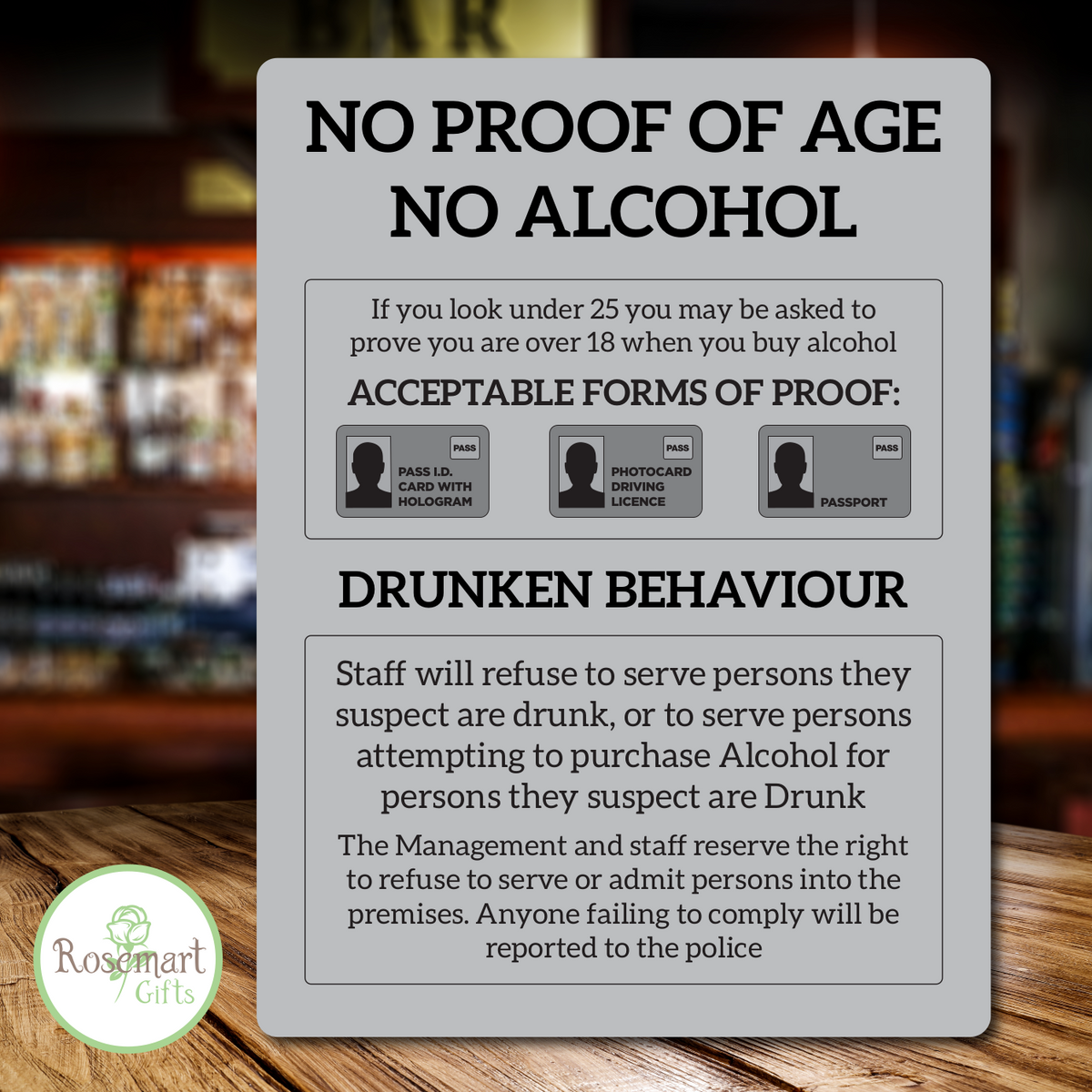 No Proof of Age No Alcohol licensing pub bar restaurant Sign – Rosemart ...