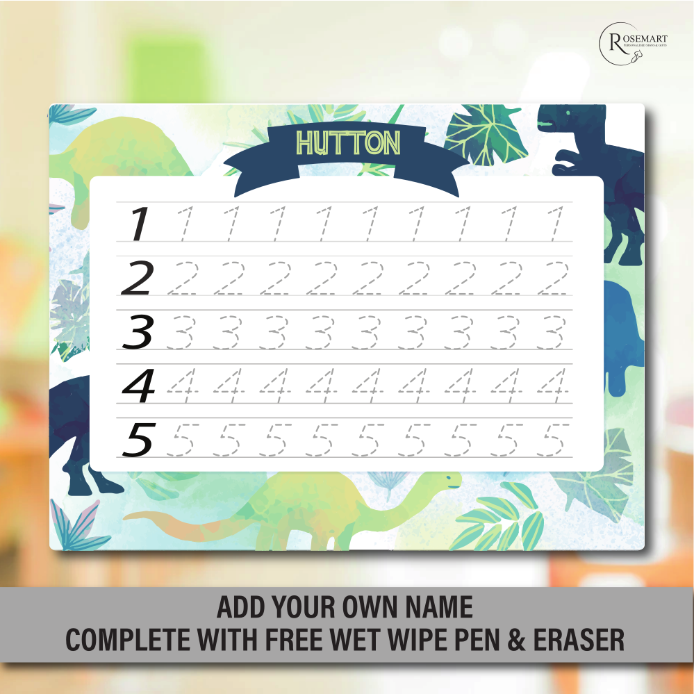 Personalised Children’s number writing practice Board with pen. Dinosa ...